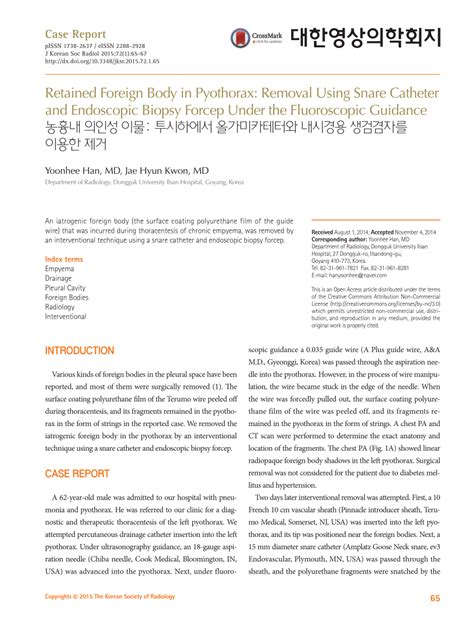 Pdf Retained Foreign Body In Pyothorax Removal Using Snare Catheter And Endoscopic Biopsy