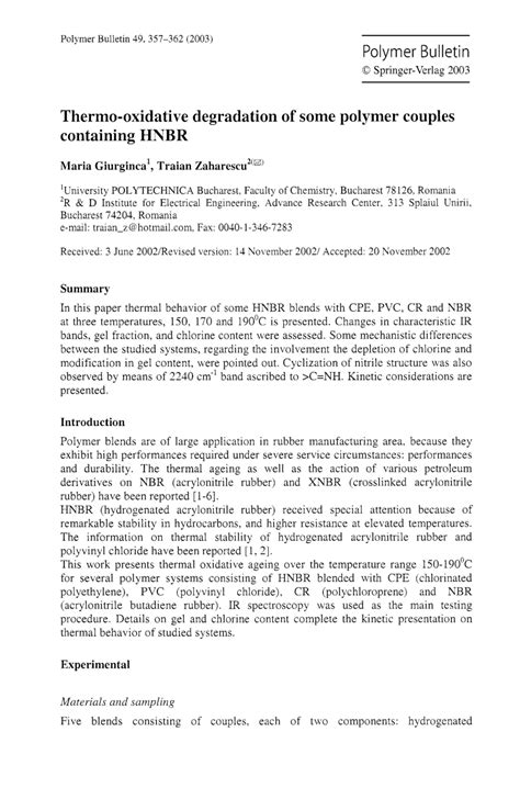 Pdf Thermo Oxidative Degradation Of Some Polymer Couples Containing Hnbr