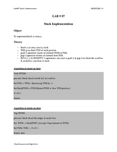 Lab 7 Dsa Lab 07 Stack Implementation Object To Implement Stack