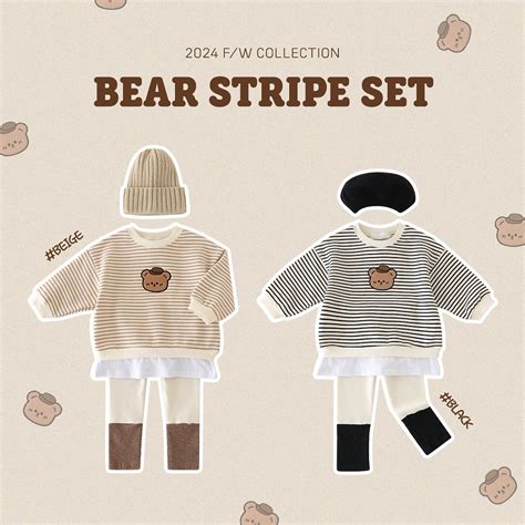 베베르망 보기만 해도 포근~해지는 곰돌이단가라세트에요~ 가슴 중앙 부분에 귀여운 곰돌이가 포인트로 쏘옥 🐻 레이어드티를 입은듯한 디자인에 스트라이프 컬러와 맞춘 컬러로