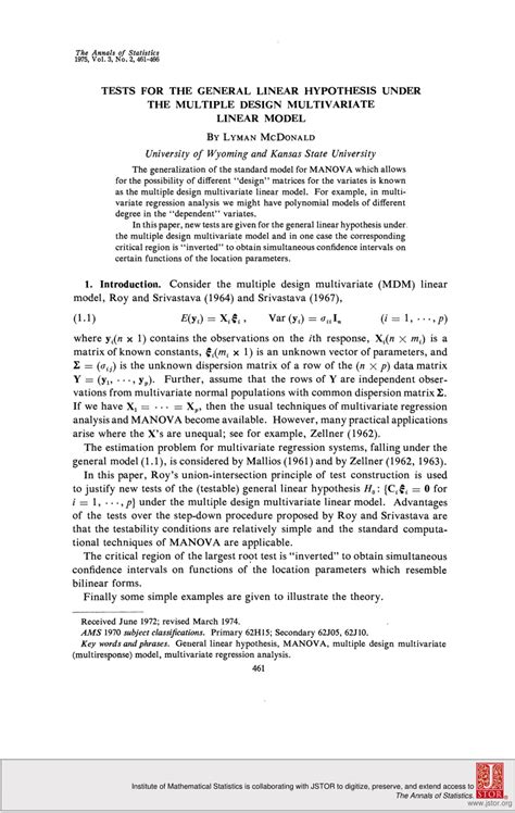 PDF Tests For The General Linear Hypothesis Under The Multiple Design Multivariate Linear Model