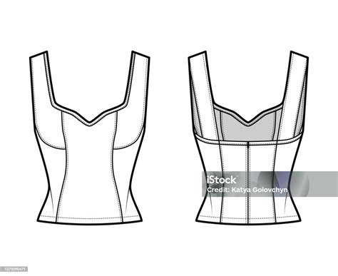 패널 코르셋 스타일의 최고 테크니컬 패션 일러스트 보석 네크라인 클로즈 핏 뒷면 은폐 지퍼 패스닝 0명에 대한 스톡 벡터 아트
