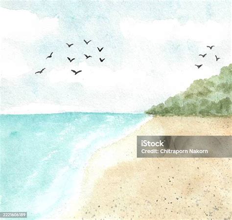 수채화 그림 자연 배경 푸른 바다 새 하늘 나무와 여름 바다 풍경 아름 다운 파도 수채화에 대한 스톡 벡터 아트 및 기타 이미지 수채화 수채화 물감 해변 Istock