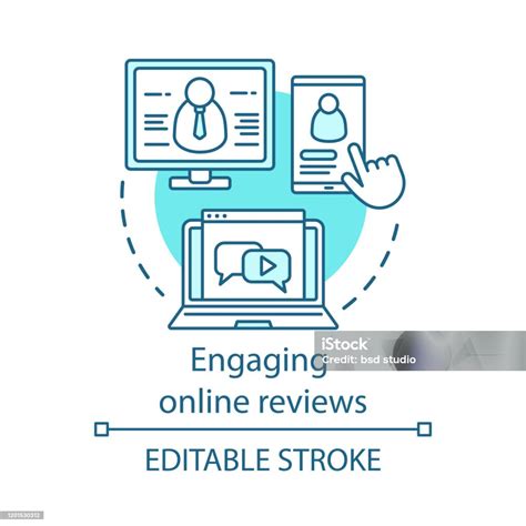 매력적인 온라인 리뷰 블루 컨셉 아이콘 온라인 Pr 아이디어 얇은 라인 일러스트 추천 온라인 구매 클라이언트 긍정적 인 검토 피드백 벡터 절연 윤곽선 도면 편집 가능한