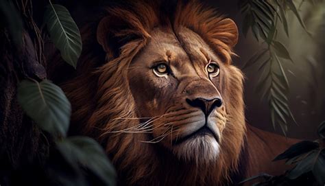 Premium Photo Majestic And Imposing Lion And Leafs Generative Ai