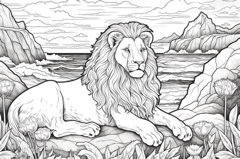 바다 근처 절벽에 성인 사자 색칠 페이지 프리미엄 사진