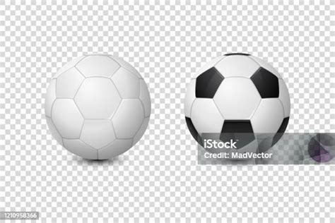 벡터 3d 현실적인 클래식 흰색과 검은 색 빈 축구 공 또는 축구 공 아이콘 은 투명 한 배경에 격리 닫닫기 설정 디자인 템플릿 모형 정면 보기 3차원 형태에 대한 스톡