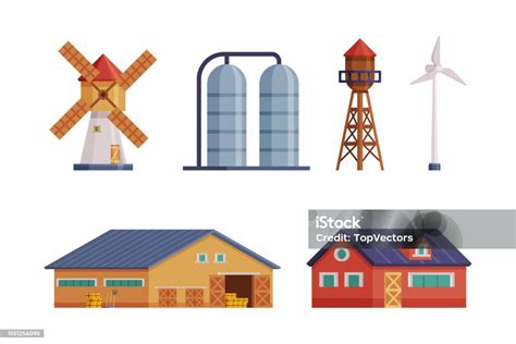 목재 빨간 헛간 풍차 및 급수탑 벡터 세트가 있는 농장 개체 가축에 대한 스톡 벡터 아트 및 기타 이미지 가축 개념 개체 그룹 Istock