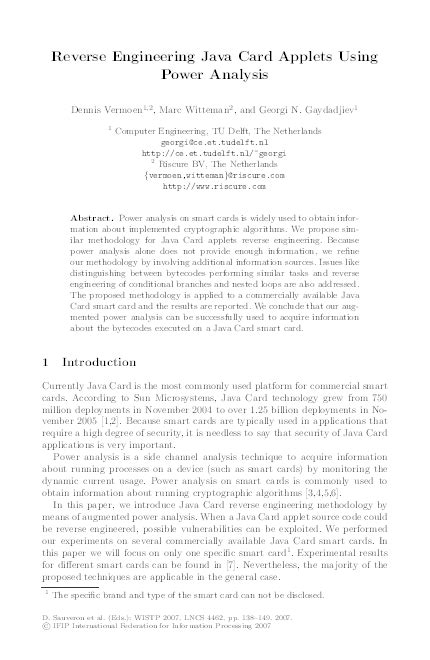 Pdf Reverse Engineering Java Card Applets Using Power Analysis