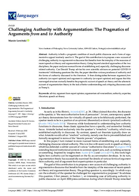 Pdf Challenging Authority With Argumentation The Pragmatics Of Arguments From And To Authority