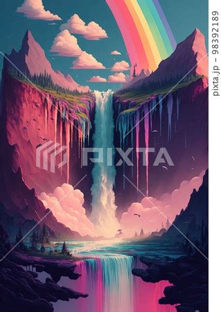カラフルな世界観が印象的な滝のある自然風景が描かれたイラストのイラスト素材 [98392189] Pixta