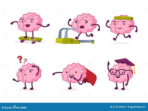 Cute Funny Brain Characters Set Human Brain Nervous System Organ Skateboarding Running On