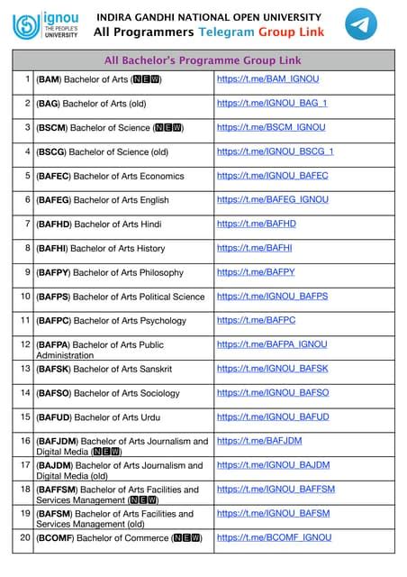 Ignou All Program Telegram Group Link Pdf Ignou All Program List
