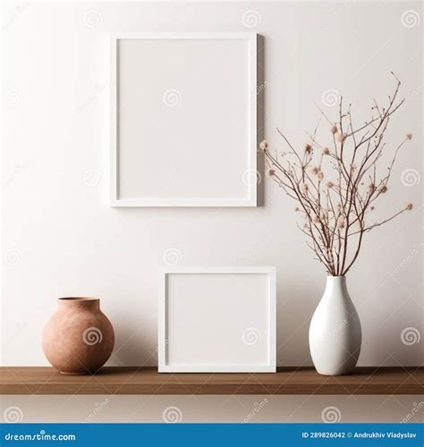 Square Mock Up Poster Frame On White Wall Above Set Of Different Vases With Twig Minimalist