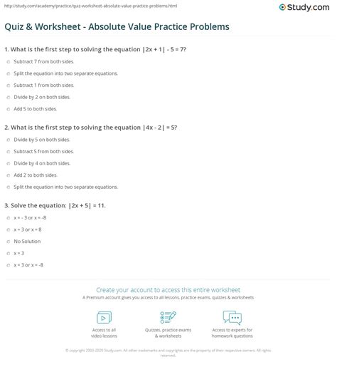 Quiz And Worksheet Absolute Value Practice Problems