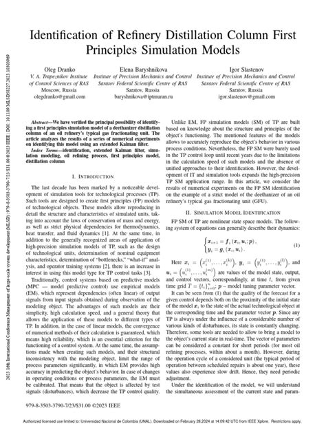 Identification Of Refinery Distillation Column First Principles