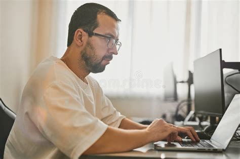 Portrait Professional Man Programmer Working Concentrated On Computer In Diverse Offices Modern