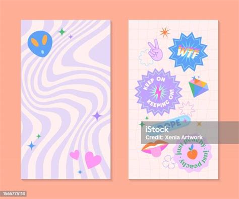 90년대 스타일의 패치와 스티커가 있는 벡터 인스타 스토리 템플릿 강렬하고 밝은 색상에 대한 스톡 벡터 아트 및 기타 이미지 강렬하고 밝은 색상 개념 고객 참여