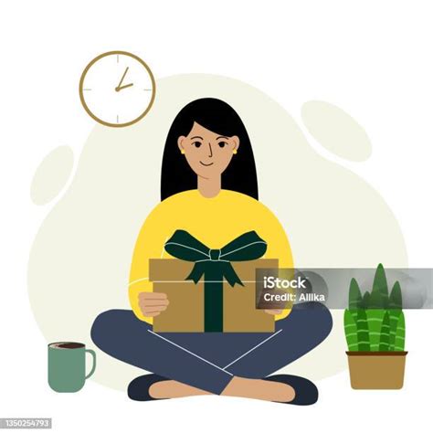 한 여성이 선물을 들고 다리를 꼬고 앉아 있다 선물 상자를 들고 있는 청녀 포스터 엽서 배너 선물에 대한 스톡 벡터 아트 및 기타 이미지 Istock