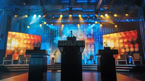 Staged Political Debate Setup With Podiums Colorful Background Lights