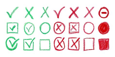 Collection Of Doodles Of Green Ticks Red Crosses And Circles Chalk Charcoal Pencil Stock