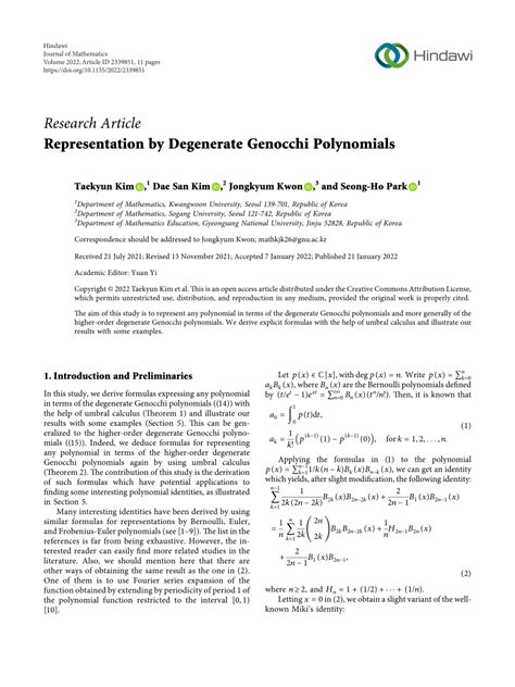 Pdf Representation By Degenerate Genocchi Polynomials