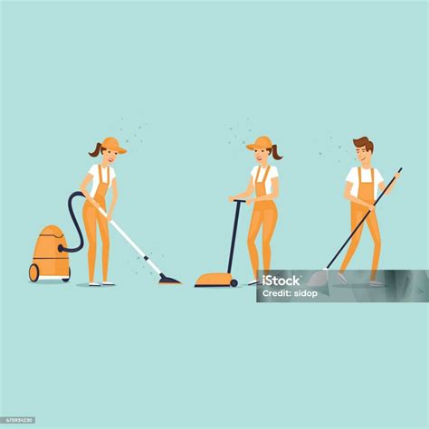 청소 장비와 유니폼을 입은 회사 문자를 청소 벡터 일러스트 레이 션 플랫 스타일입니다 승무원 사람의 역할에 대한 스톡 벡터 아트 및 기타 이미지 승무원 사람의 역할