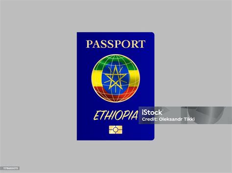 생체 인식 디지털 데이터 칩 사실적인 파란색 커버 아이콘 로고 광고 웹에 대한 황금 글자 벡터 일러스트와 국제 여권 에티오피아 국기 국가 지리적 지역에 대한 스톡 벡터 아트