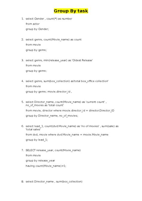 Group By Task Group By Task 1 Select Gender Count As Number From Actor Group By Gender