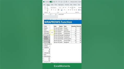 wraprows function in excel shorts youtube