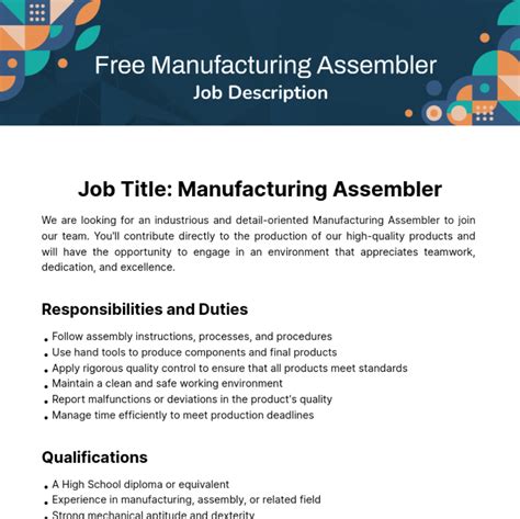 Free Manufacturing Assembler Job Description Template To Edit Online Free Manufacturing Assembler Job Description Template To Edit Online