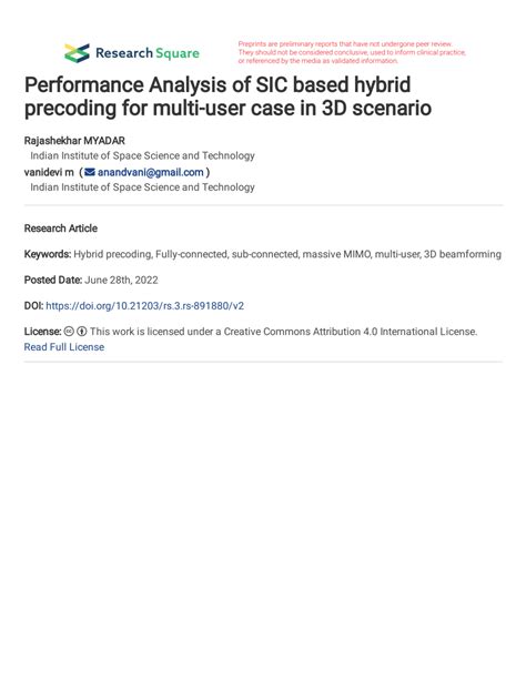 pdf performance analysis of sic based hybrid precoding for multi user case in 3d scenario