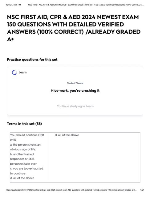 Nsc First Aid Cpr And Aed 2024 Newest Exam 150 Questions With Detailed Verified Answers 100