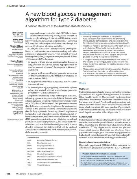 PDF A New Blood Glucose Management Algorithm For Type Diabetes A Position Statement Of The