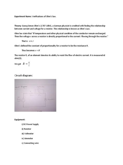 Verifications Of Ohms Law Experiment Resul Pdf Voltage Resistor