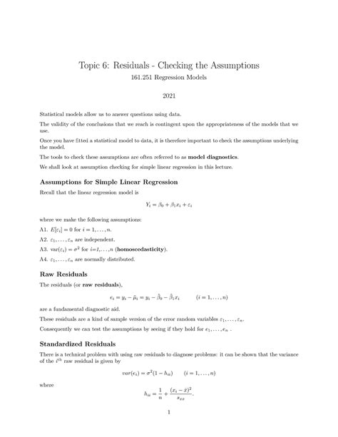 Topic 6 Lecture Notes Topic 6 Residuals Checking The Assumptions