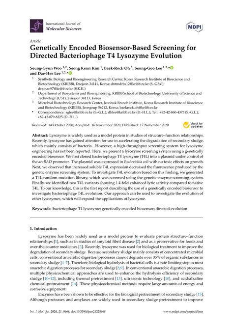 Pdf Genetically Encoded Biosensor Based Screening For Directed Bacteriophage T4 Lysozyme Evolution