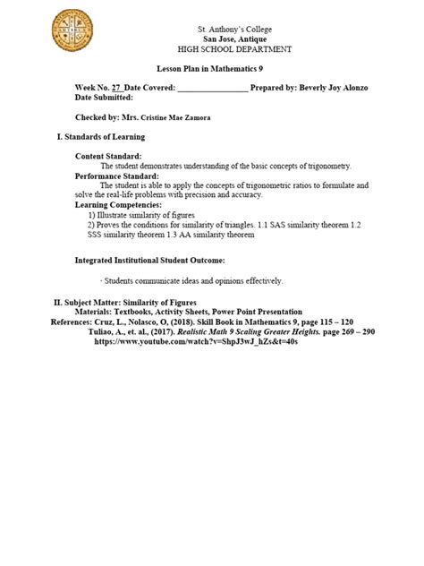 Lesson Plan Math 9 Week 27 Pdf Euclidean Plane Geometry Euclidean Geometry