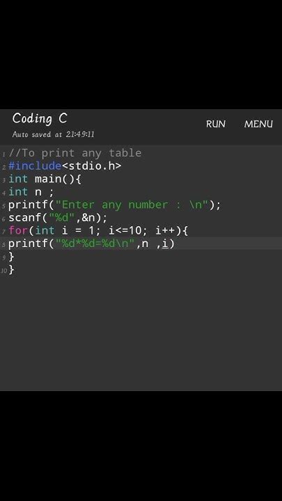 C Program To Print Multiplication Table Using For Loop Youtubeshorts Youtube