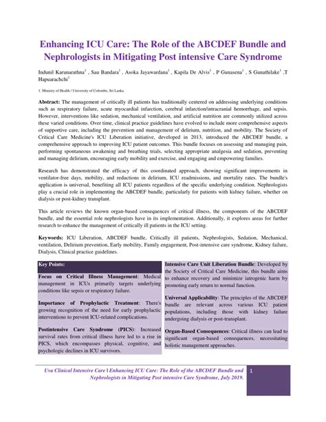 Pdf Enhancing Icu Care The Role Of The Abcdef Bundle And Nephrologists In Mitigating Post