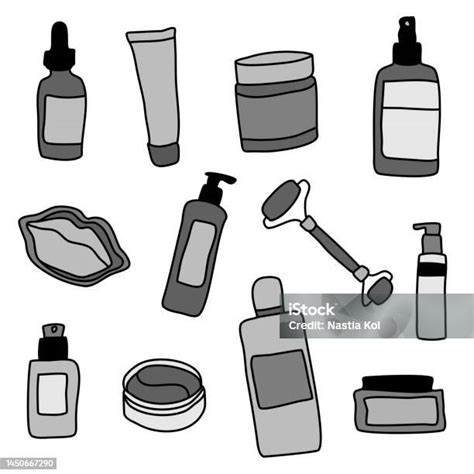 흑백 병 항아리 및 스킨 케어 제품이 있는 튜브 세트 흰색에 격리된 벡터 평면 그림 스케치 낙서 모형 유기농 크루얼티 프리 비건 케어 신체 치료 개념입니다 0명에 대한 스톡