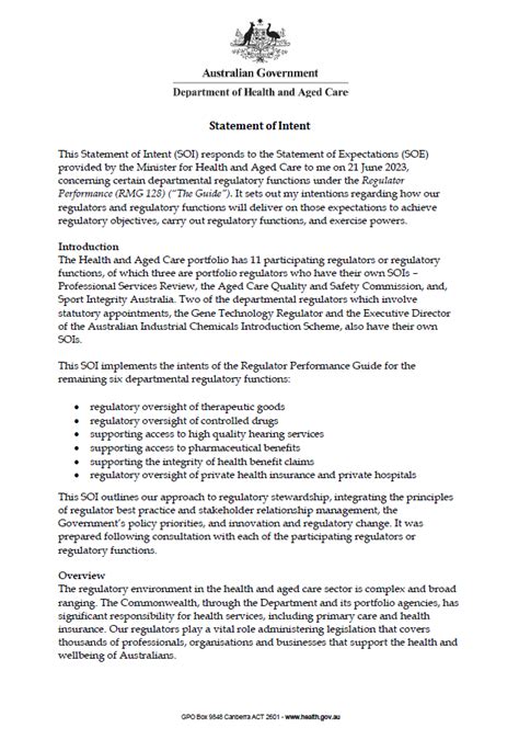 Statement Of Intent SOI July Australian Government Department Of Health