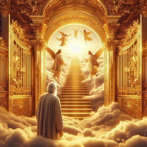 A Golden Stairway To Heaven With Clouds Angels Gate Made Of Golds A