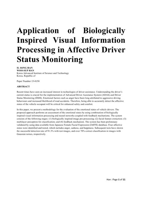 Application Of Biologically Inspired Visual Information Processing In Affective Driver Status