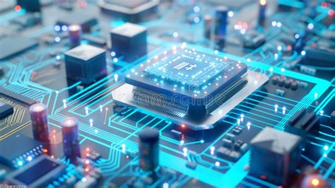 Futuristic Microchip With Digital Overlay On Circuit Board Stock