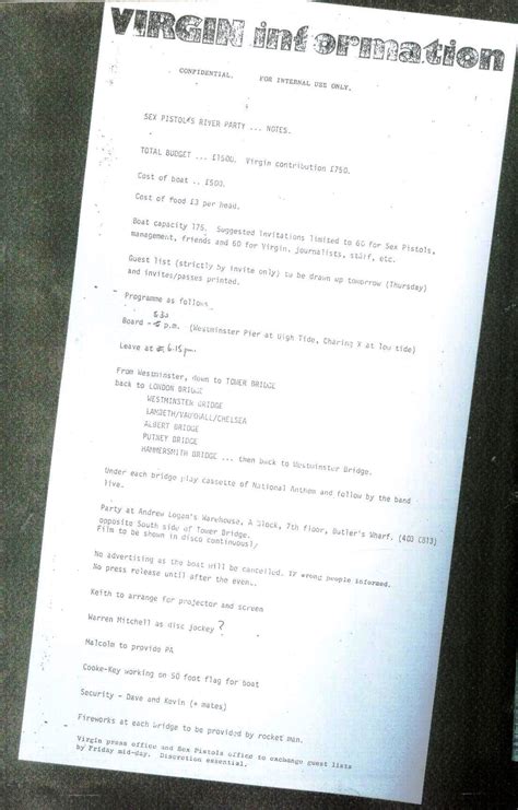 Richard Branson Digs Up Memo Detailing The Plans For The Sex Pistols Infamous Boat Concert