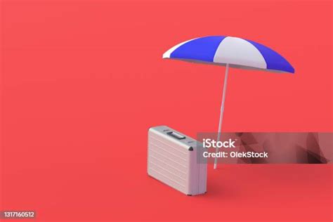 줄무늬 해변 우산 근처 가방 관광 사업에 투자 여름 방학 여행사에 대한 투자 공간을 복사합니다 3d 렌더 3차원 형태에 대한 스톡 사진 및 기타 이미지 Istock