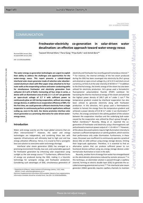 Pdf Freshwater Electricity Co Generation In Solar Driven Water