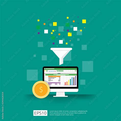 Information Data Collection Of Filter Concept With Funnel Money And Graph Object Element