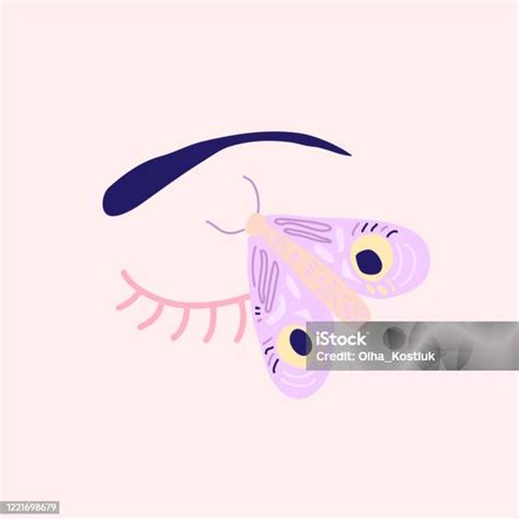 닫힌 눈에 나비 트렌디 한 미적 일러스트 파스텔 추상 최소한의 아름다움 개념 강렬하고 밝은 색상에 대한 스톡 벡터 아트 및 기타 이미지 강렬하고 밝은 색상 곤충 나비